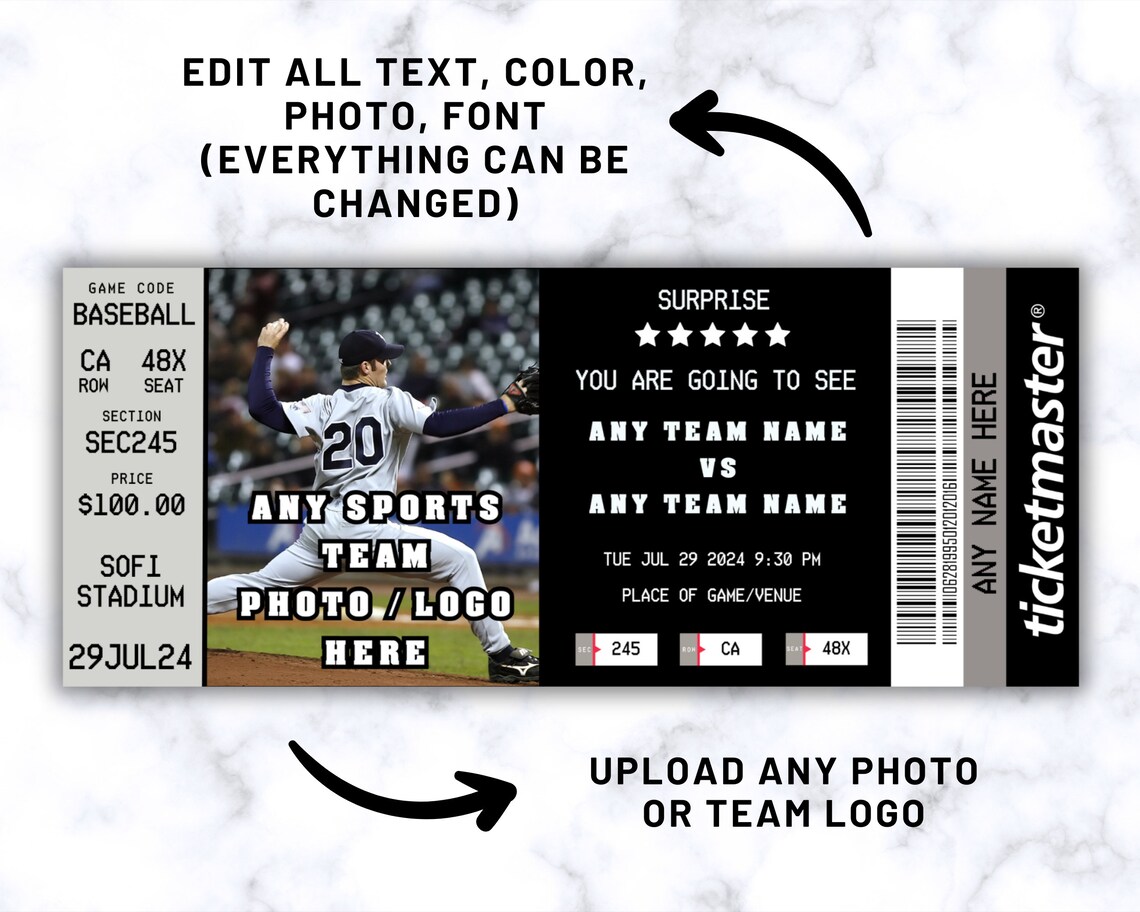 Editable Baseball Tickets, Sports Tickets, Baseball Surprise Ticket ...