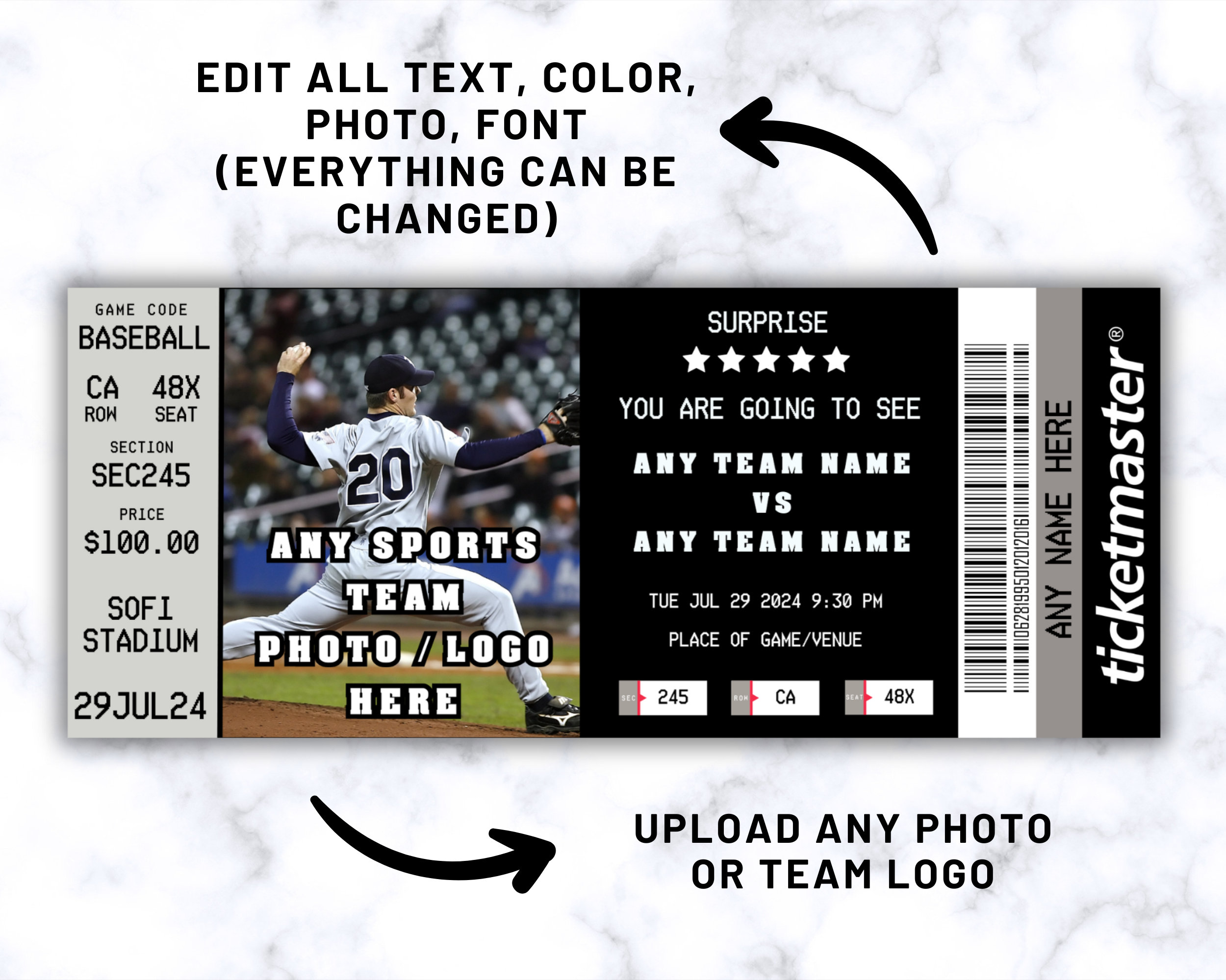 Editable Baseball Tickets, Sports Tickets, Baseball Surprise Ticket ...