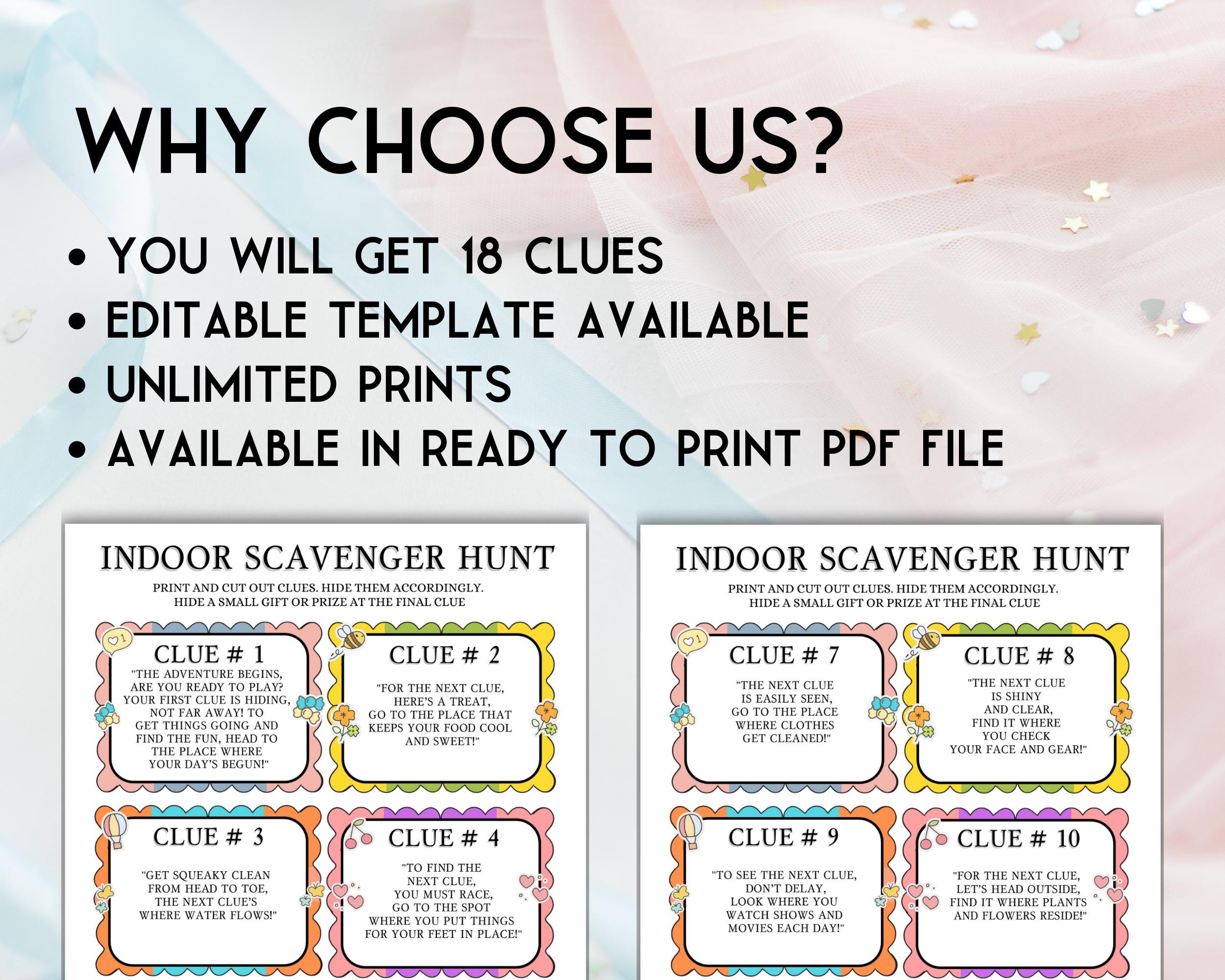 Indoor Scavenger Hunt Printable, Treasure Hunt for Kids Template ...