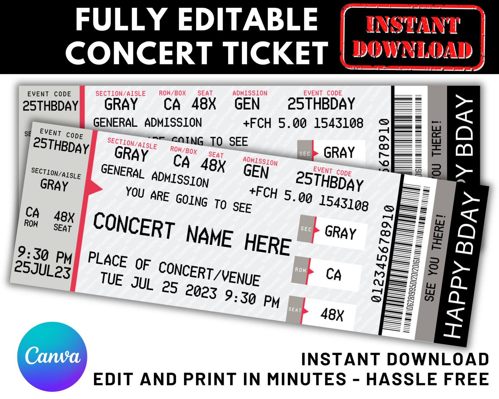 Custom Concert Ticket, Concert Ticket Template, Personalized Event ...