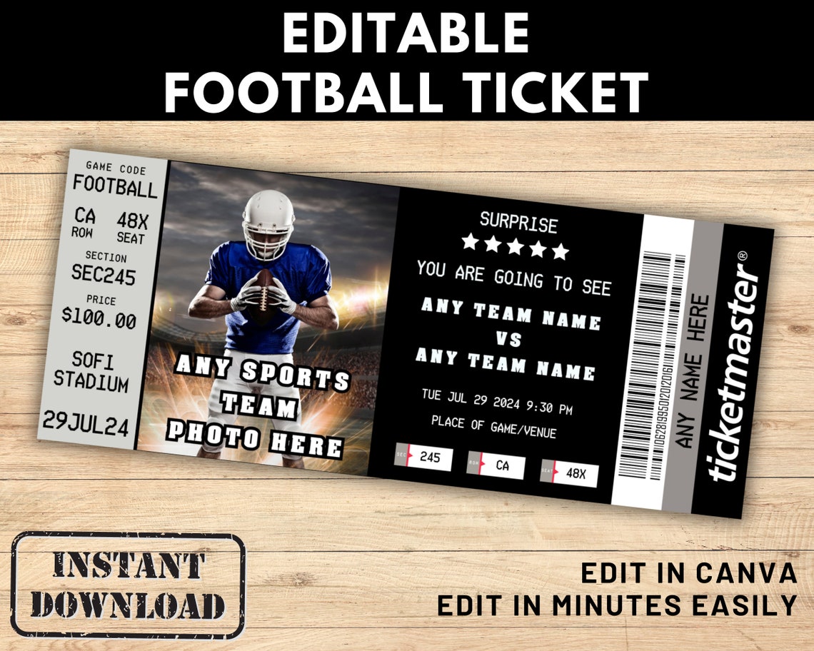 Editable Football Ticket, Football Ticket Gift, Sport Tickets, Football ...