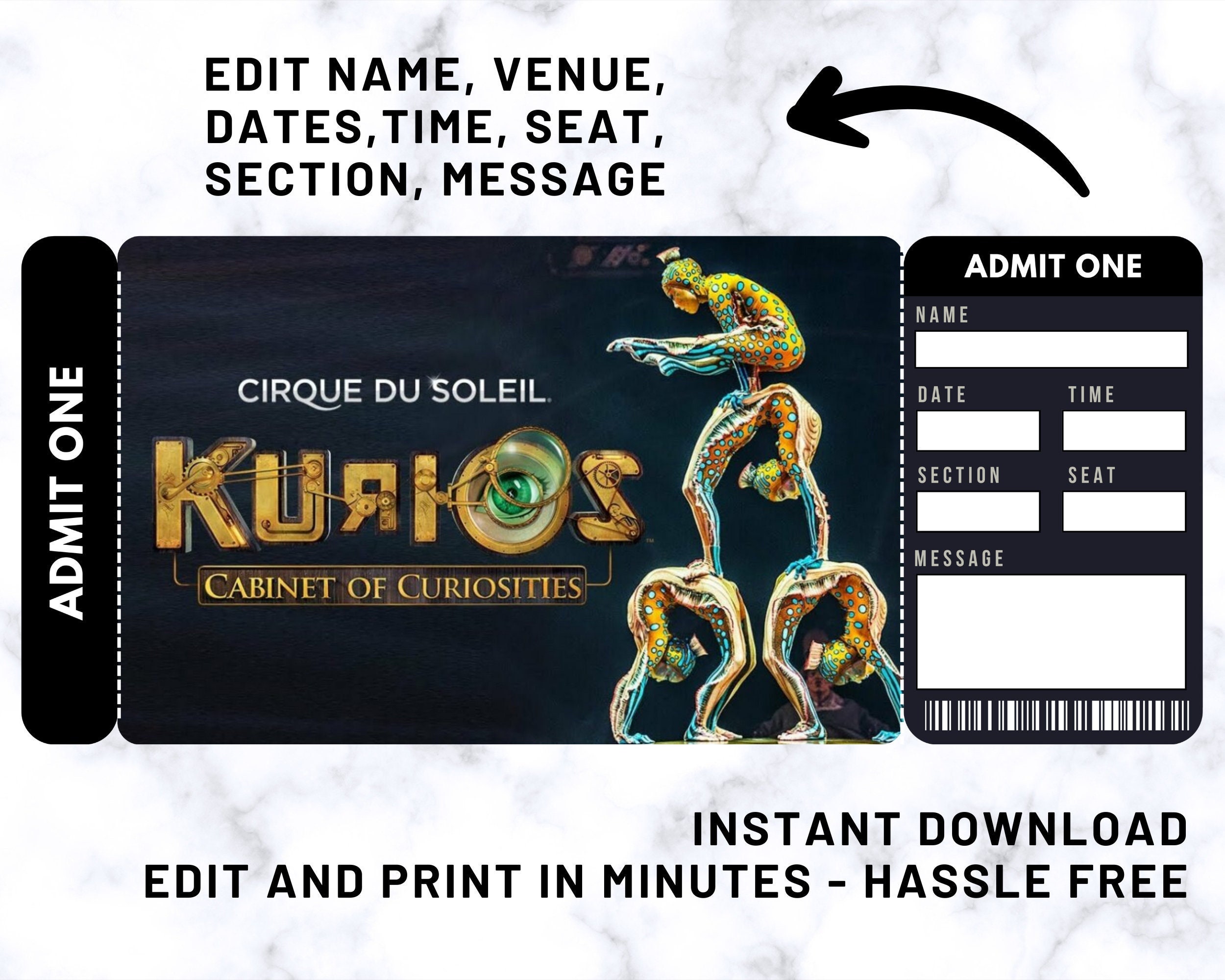 Printable KURIOS CIRQUE Du SOLEIL Surprise Gift Reveal Ticket. Editable ...