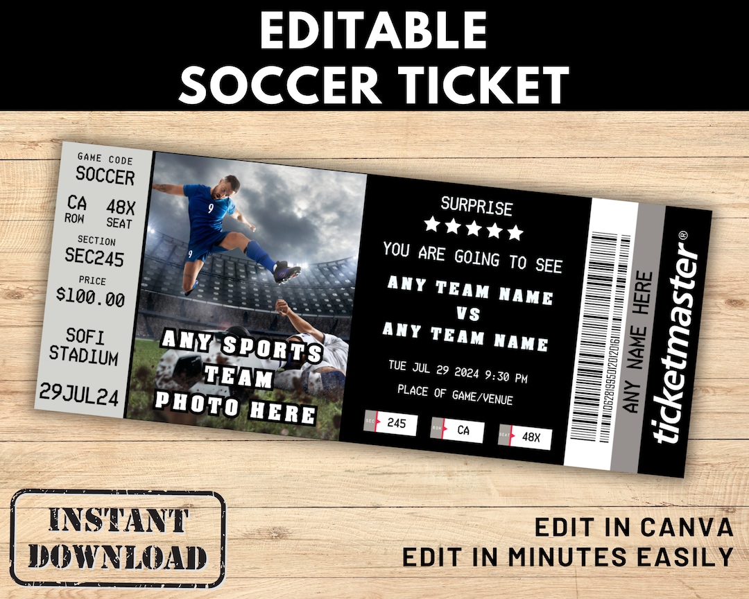 Editable Football Ticket, Soccer Tickets, Surprise Gift, Editable ...