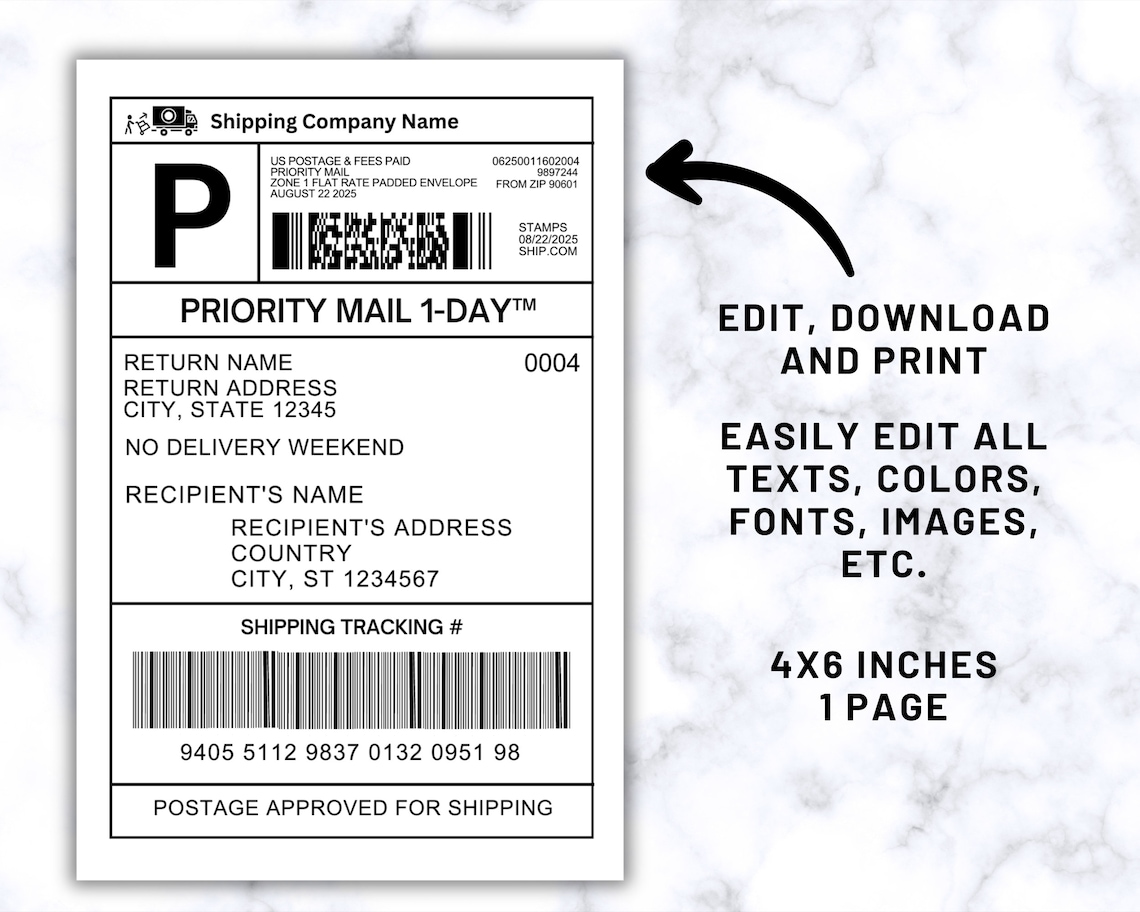 Editable Shipping Label Template, Editable Personalized Mail Label ...