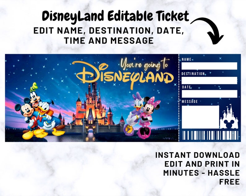Surprise Disneyland Ticket, Disneyworld Ticket, Editable Ticket ...