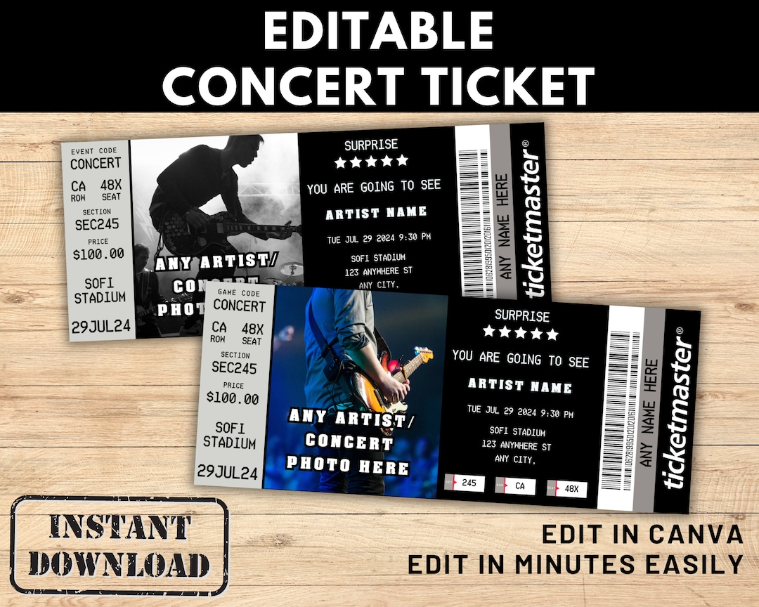 Editable Concert Ticket Template, DIY Event Ticket, Custom Concert Ticket Gift, Surprise ...