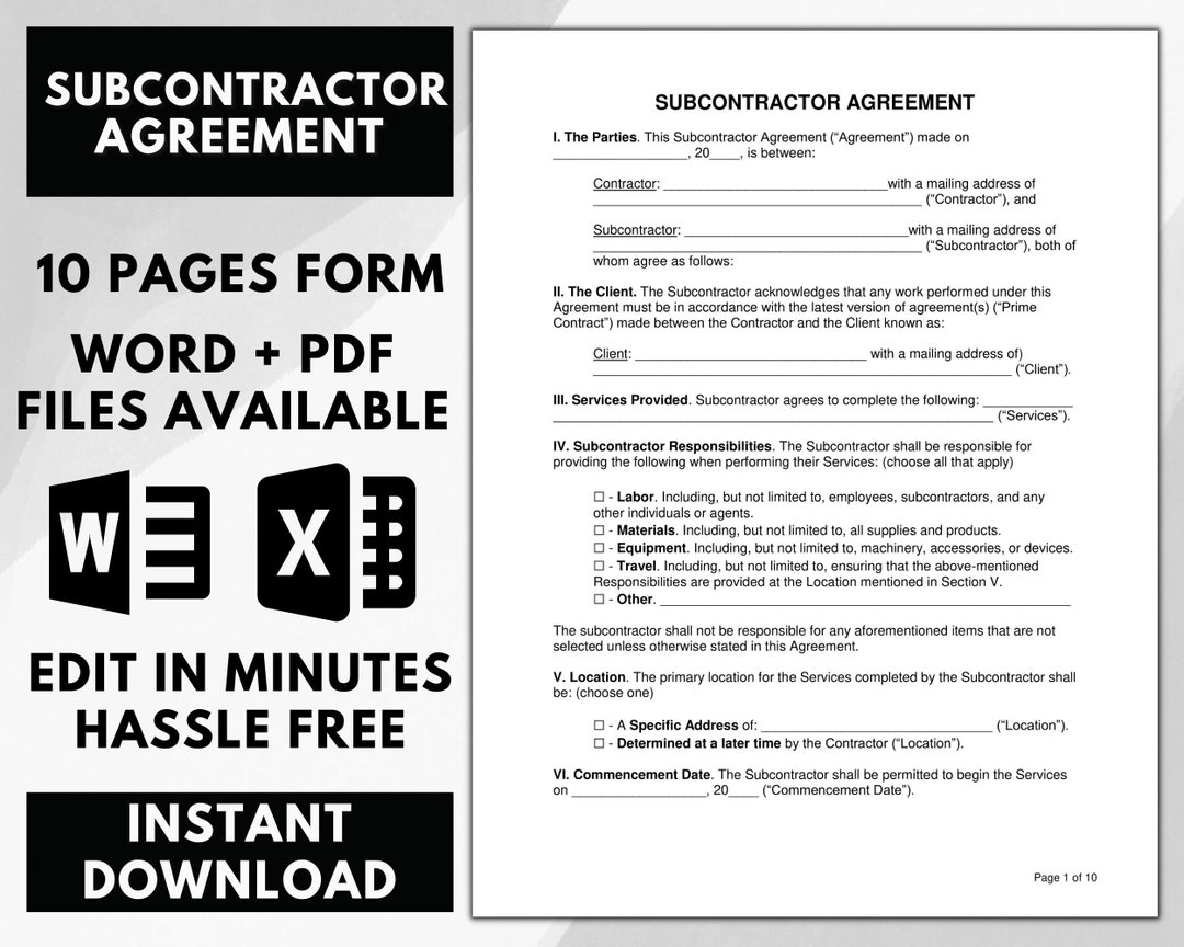 Subcontractor Agreement Template, Subcontractor Agreement Forms ...