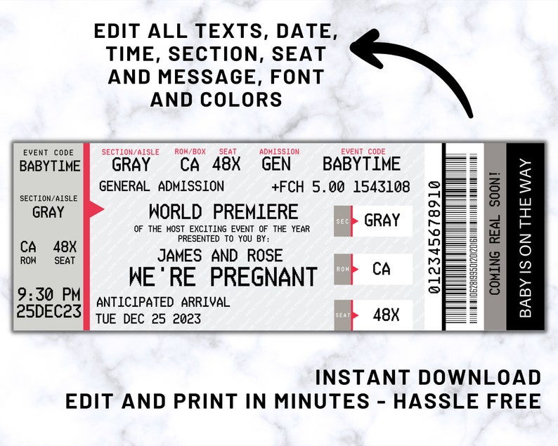 Pregnancy Announcement Concert Tickets, Editable Concert Ticket, Baby ...