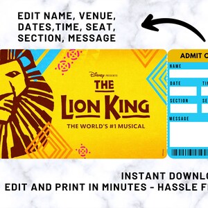EDITABLE LION KING Broadway Ticket, Editable Musical Theatre Ticket ...