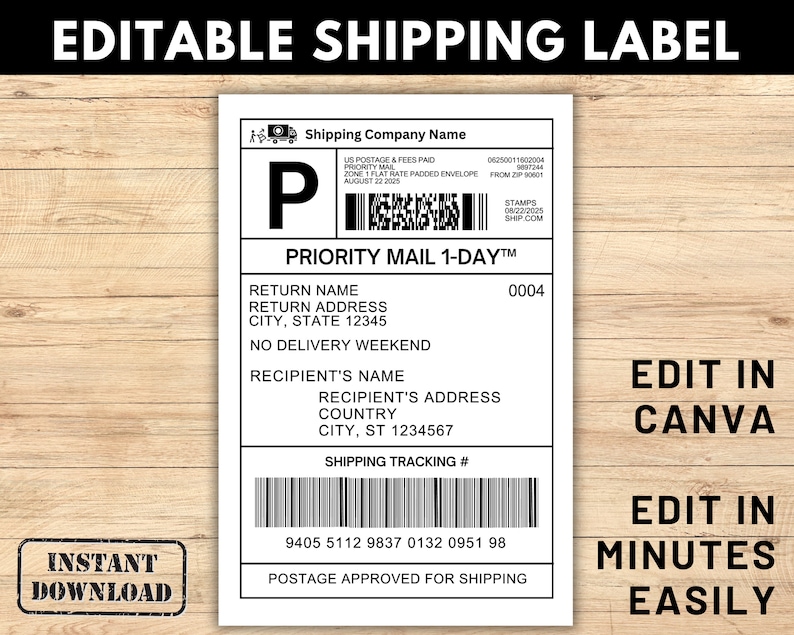 Editable Shipping Label Template, Editable Personalized Mail Label ...