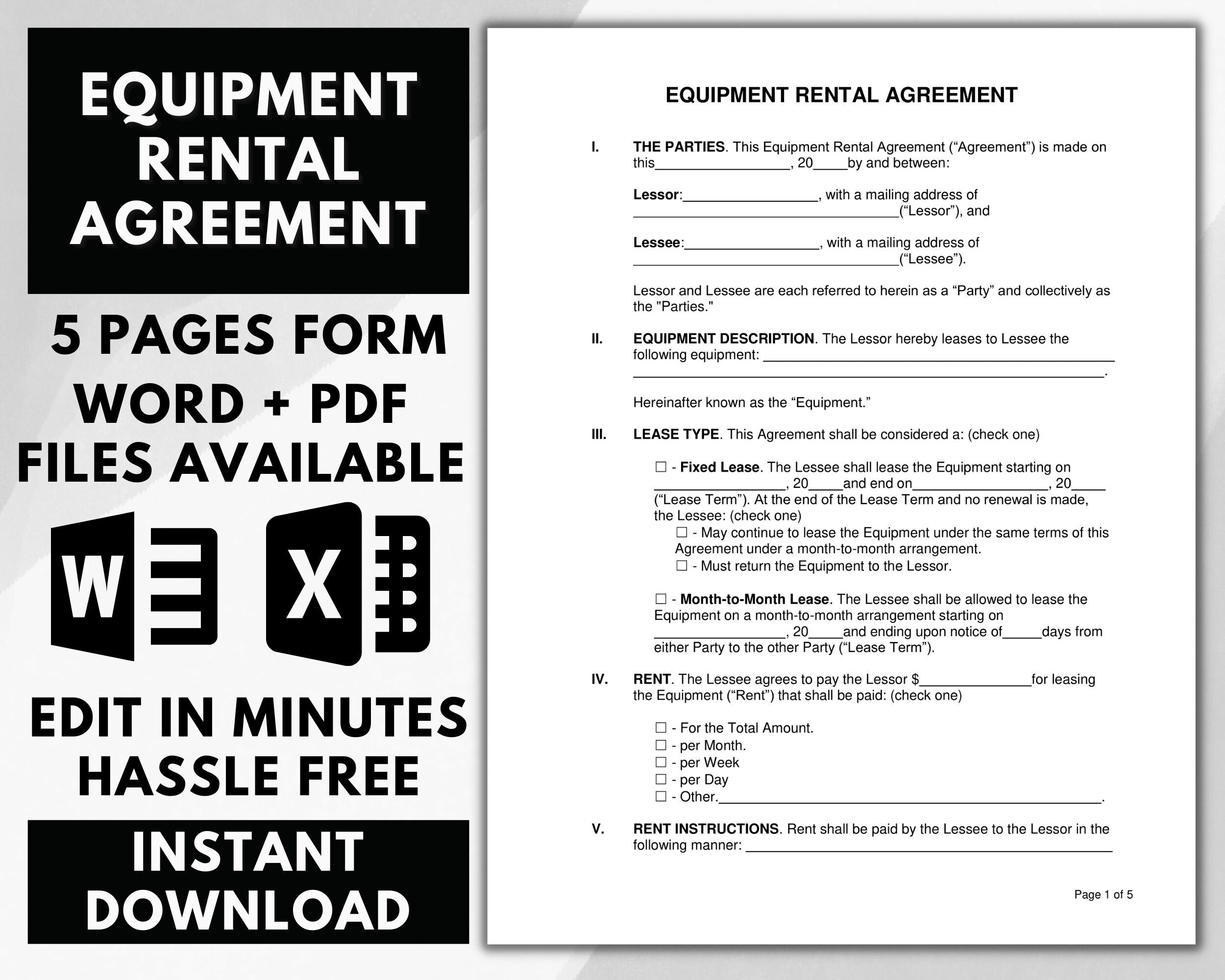 Equipment Rental Agreement Template, Equipment Rental Contract ...