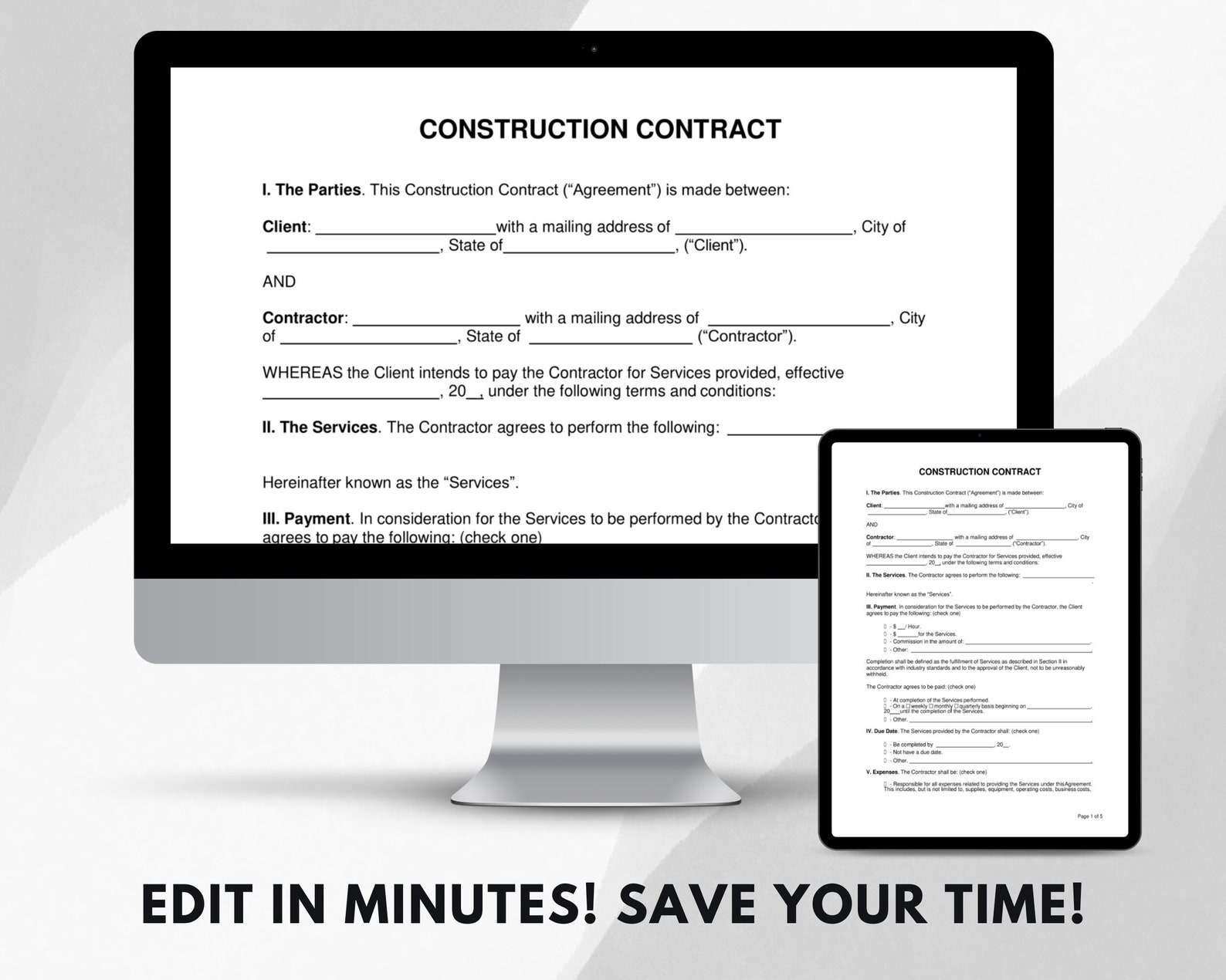 Construction Contract , Construction Template, Handyman, Contract Template, Contractor Agreement ...