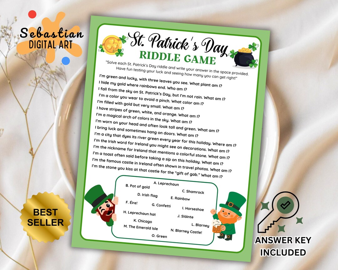 St. Patrick's Day Riddle Game for Kids, Printable Irish Quiz, St ...
