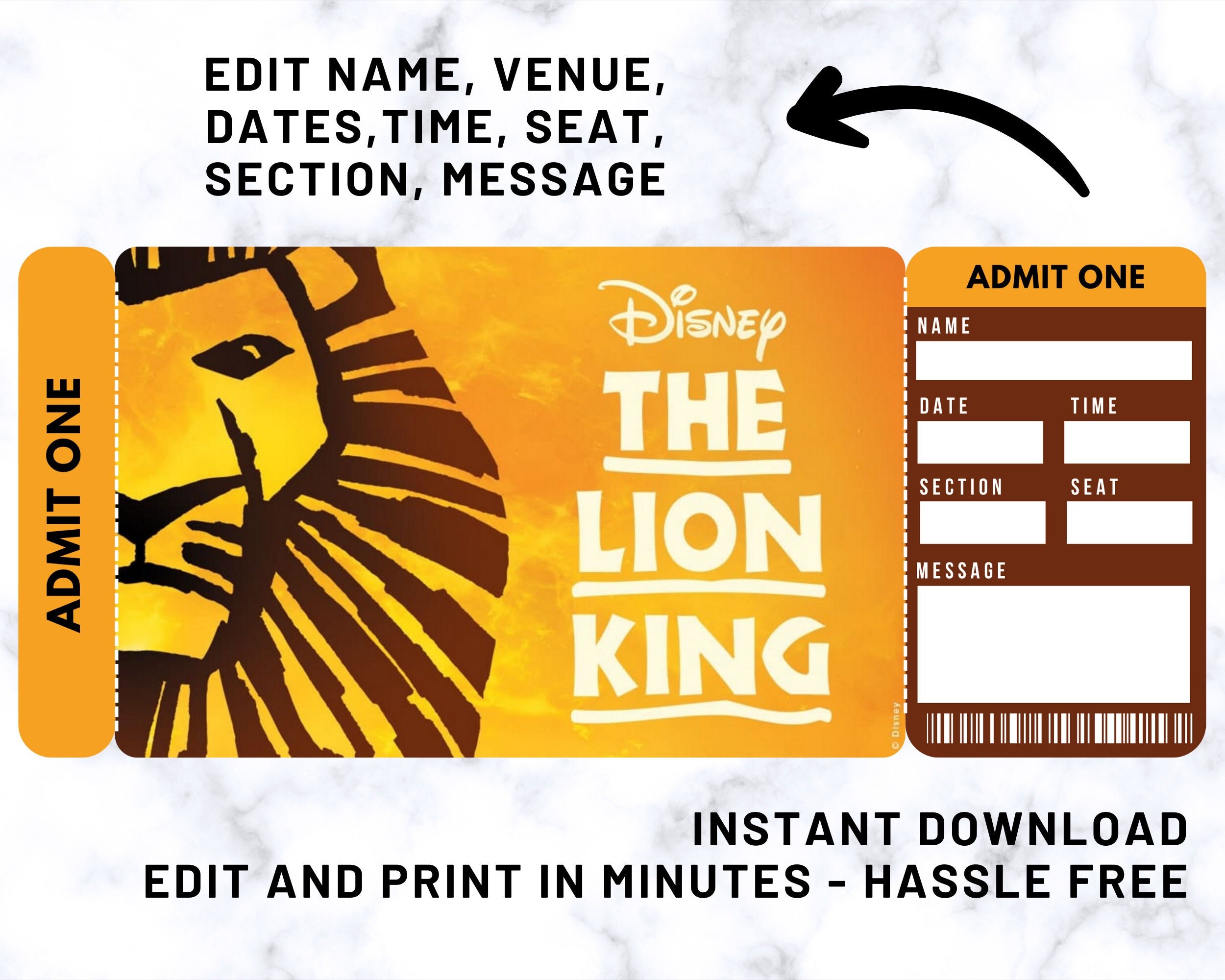 EDITABLE LION KING Broadway Ticket, Editable Musical Theatre Ticket ...