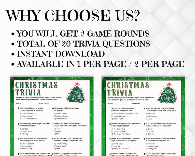Printable Christmas Trivia Game, Christmas Party Game, Christmas Game ...