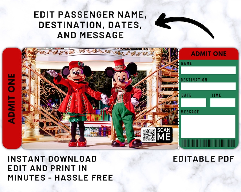 EDITABLE Ticket Disneyland Paris, Enchanted Christmas Ticket, Editable ...