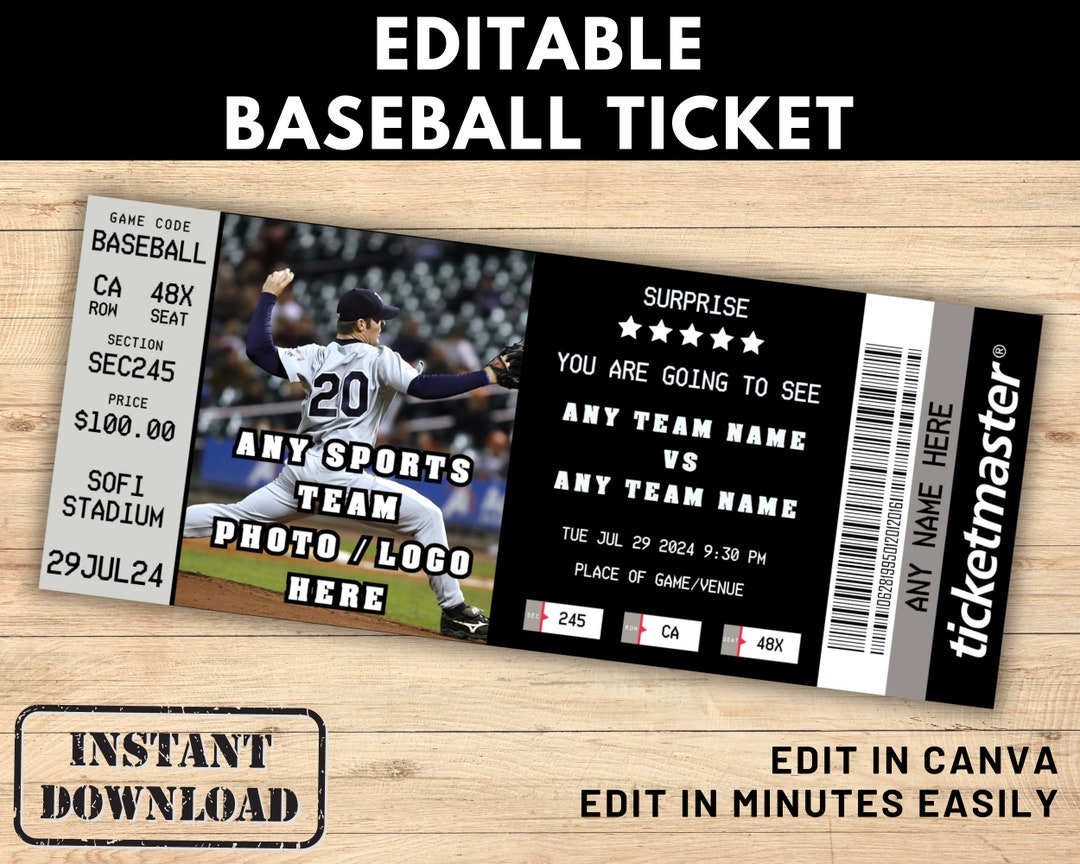 Editable Baseball Tickets, Sports Tickets, Baseball Surprise Ticket ...