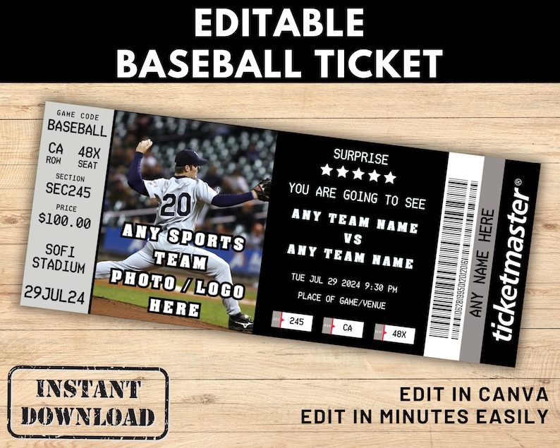 Editable Baseball Tickets, Sports Tickets, Baseball Surprise Ticket ...