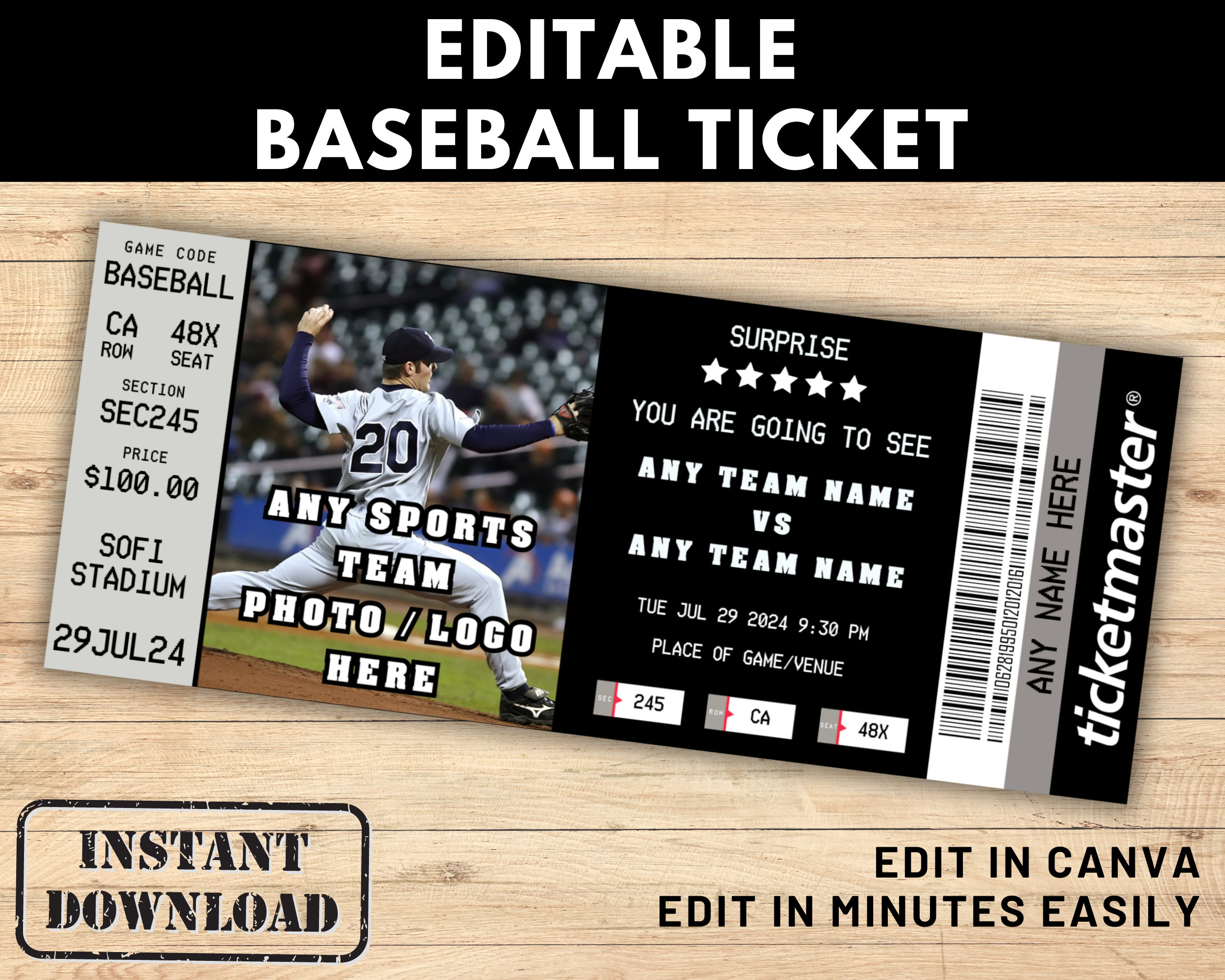 Editable Baseball Tickets, Sports Tickets, Baseball Surprise Ticket ...
