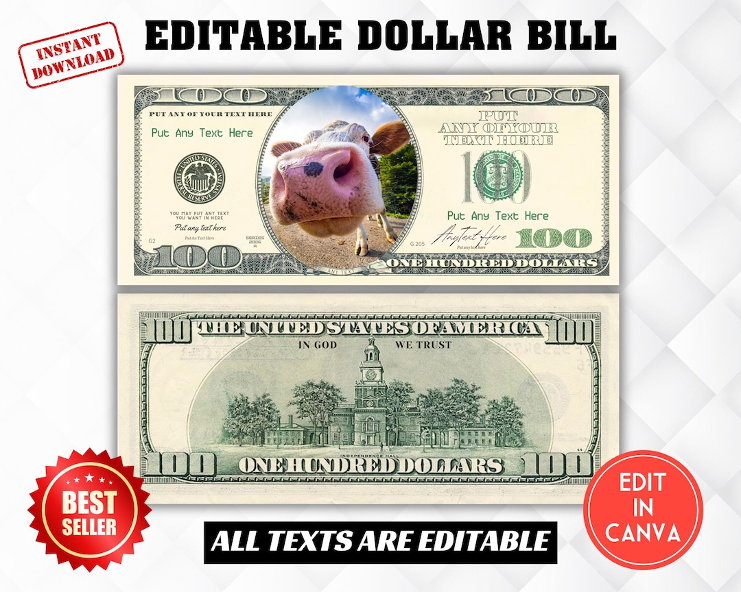 Personalized 100 Dollar Bill Template, Editable Dollar Bill, Face on ...