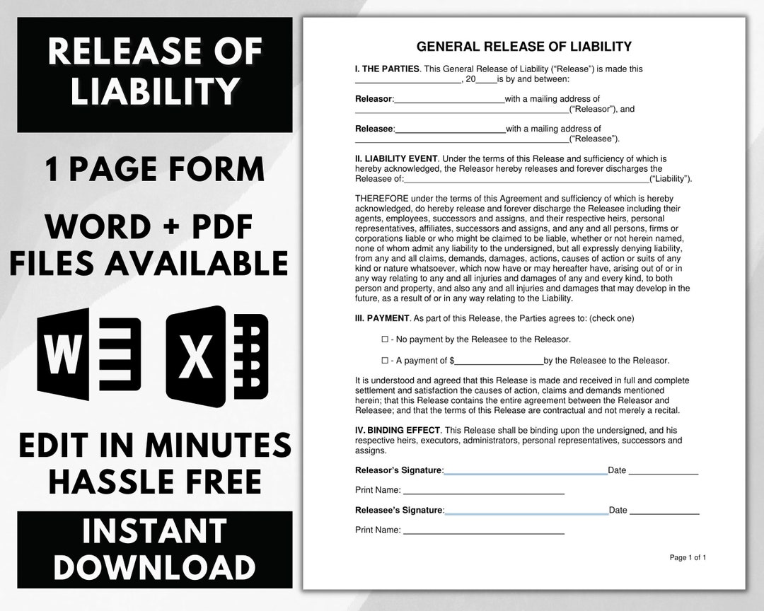 Release Form, Release of Liability, Hold Harmless (indemnity) Agreement ...