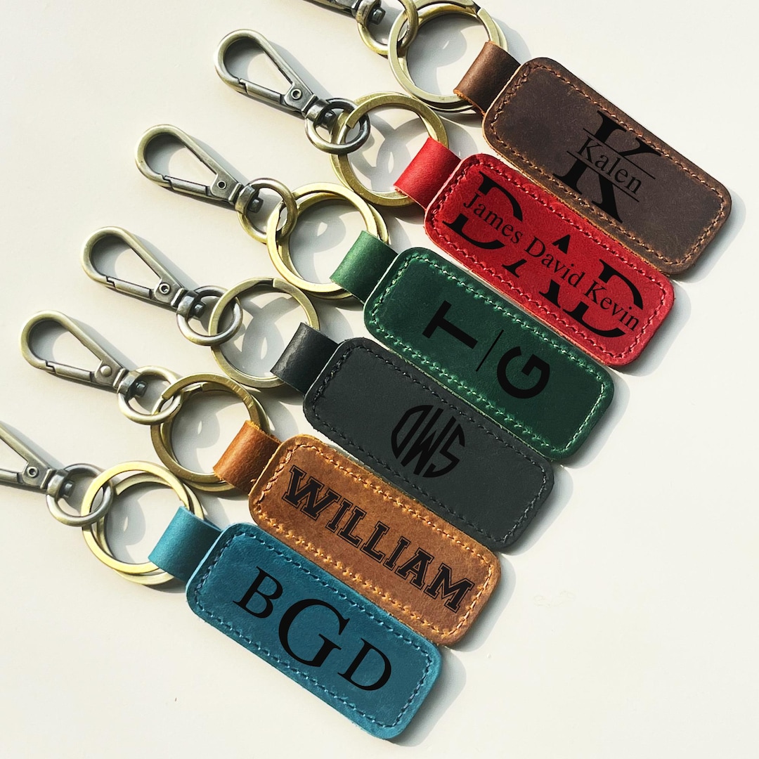 Personalized Leather Keychain Engraved Monogram Leather Keychain Key ...