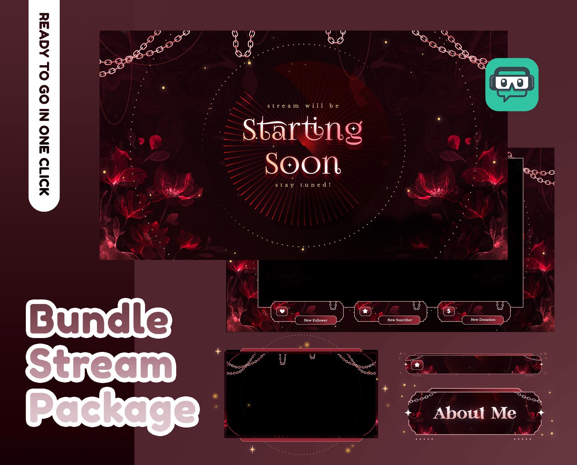 Red Flower Animated Stream Pack Twitch Bundle, Red Black Stream Overlay ...