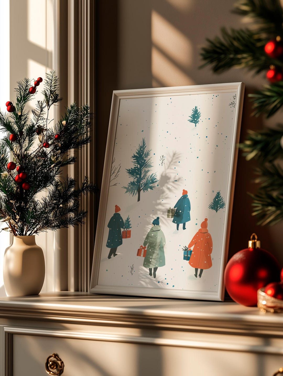 Minimalist Digital Christmas Poster: 4 People Carrying Gifts in Snowy ...