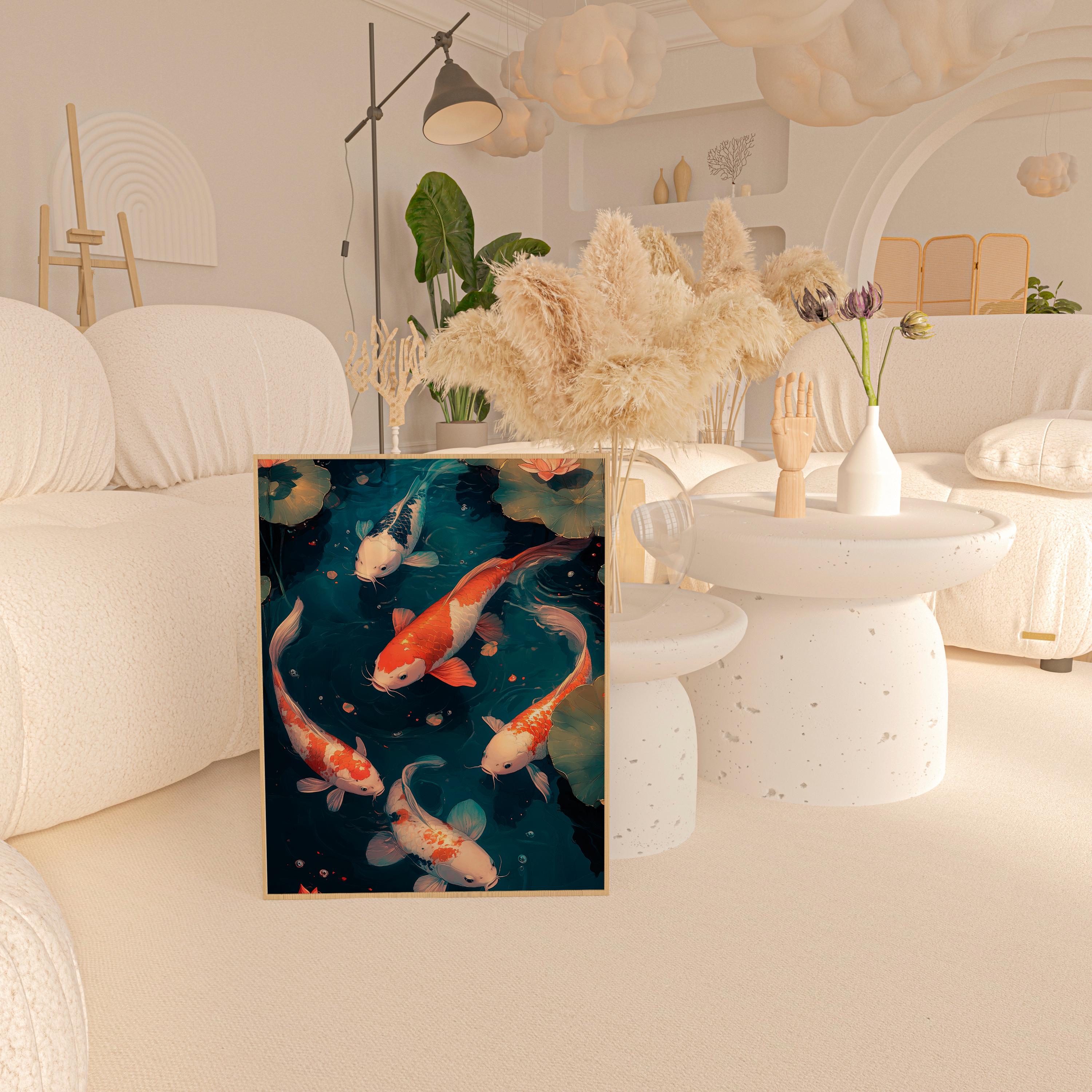 Japanese Koi Fish Pond Digital Poster - Serene Aquatic Art Print ...