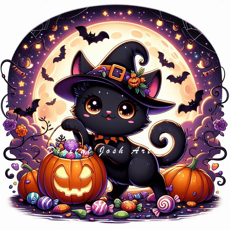 Cute Witch Cat Halloween Art Black Cat With Pumpkin and Candy Print ...