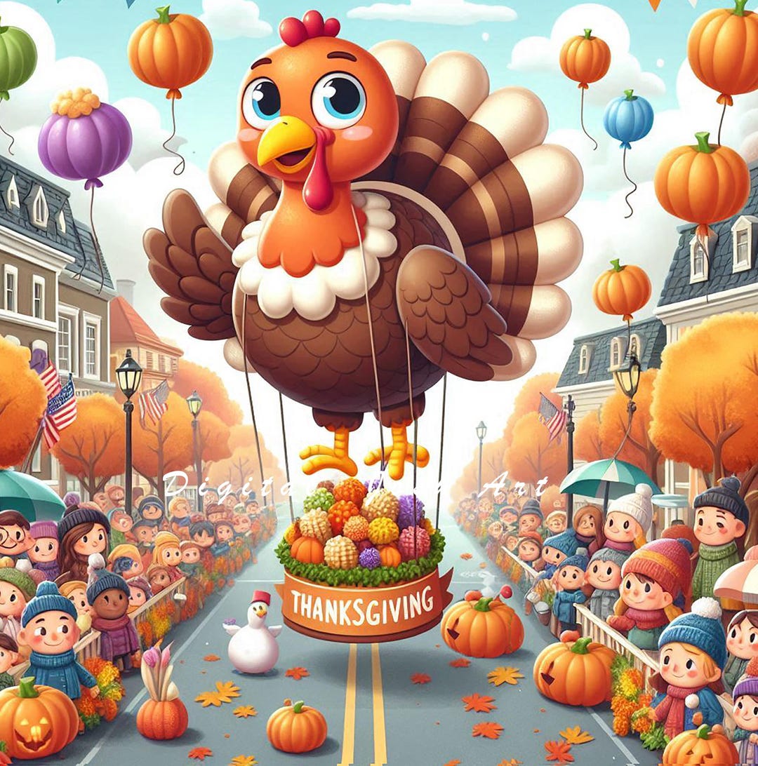 Thanksgiving Parade Illustration Cute Turkey Balloon With Festive Crowd ...