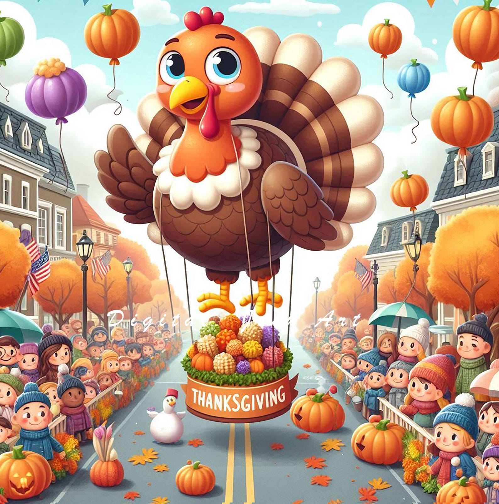 Thanksgiving Parade Illustration Cute Turkey Balloon With Festive Crowd ...