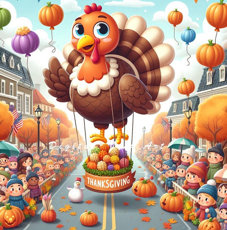 Thanksgiving Parade Illustration Cute Turkey Balloon With Festive Crowd ...