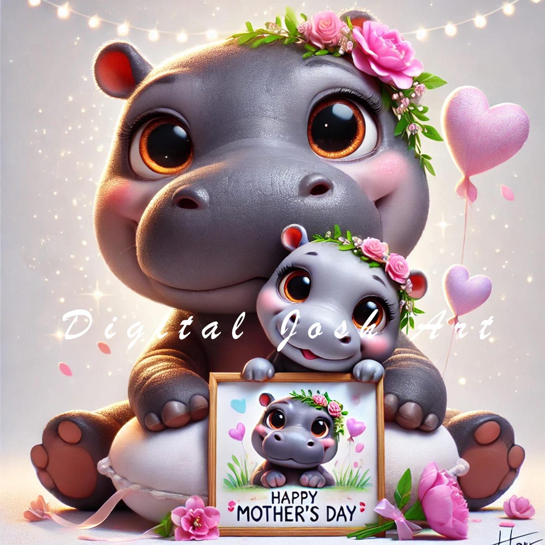 10 JPEG Cute Mother’s Day Hippo Clipart – Spring Mom & Baby Wildlife ...