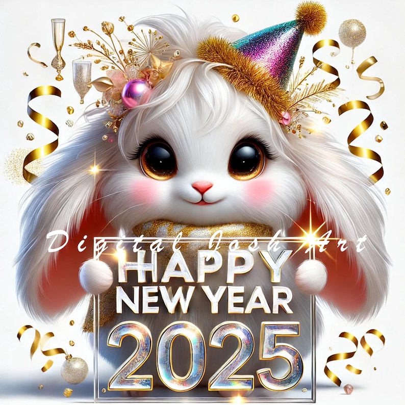 10 JPEG Cute 2025 New Year Bunny Clipart Bundle - Winter Acrylic Bunny ...