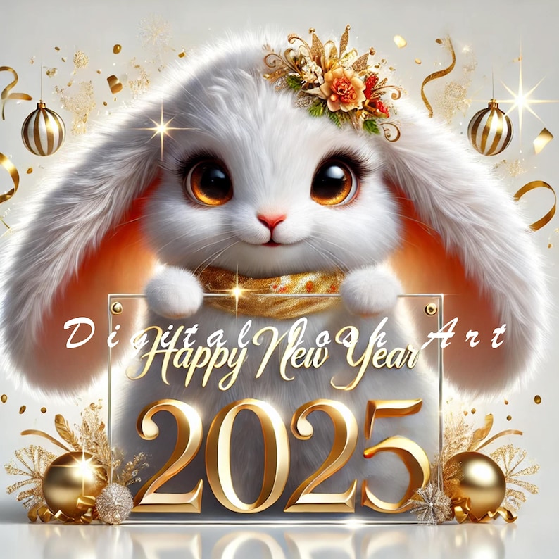 10 JPEG Cute 2025 New Year Bunny Clipart Bundle - Winter Acrylic Bunny ...