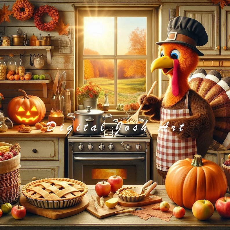 Thanksgiving Kitchen Illustration – Turkey Chef Cooking With Pumpkin ...