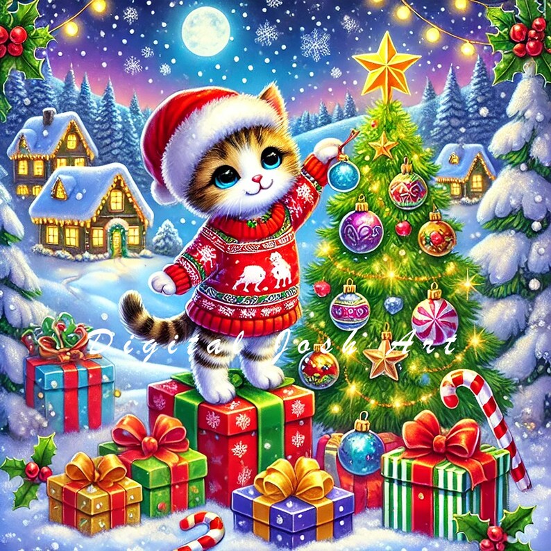Cute Christmas Cat Kitty Clipart Bundle 10 JPG Winter Kitty Cat Designs ...