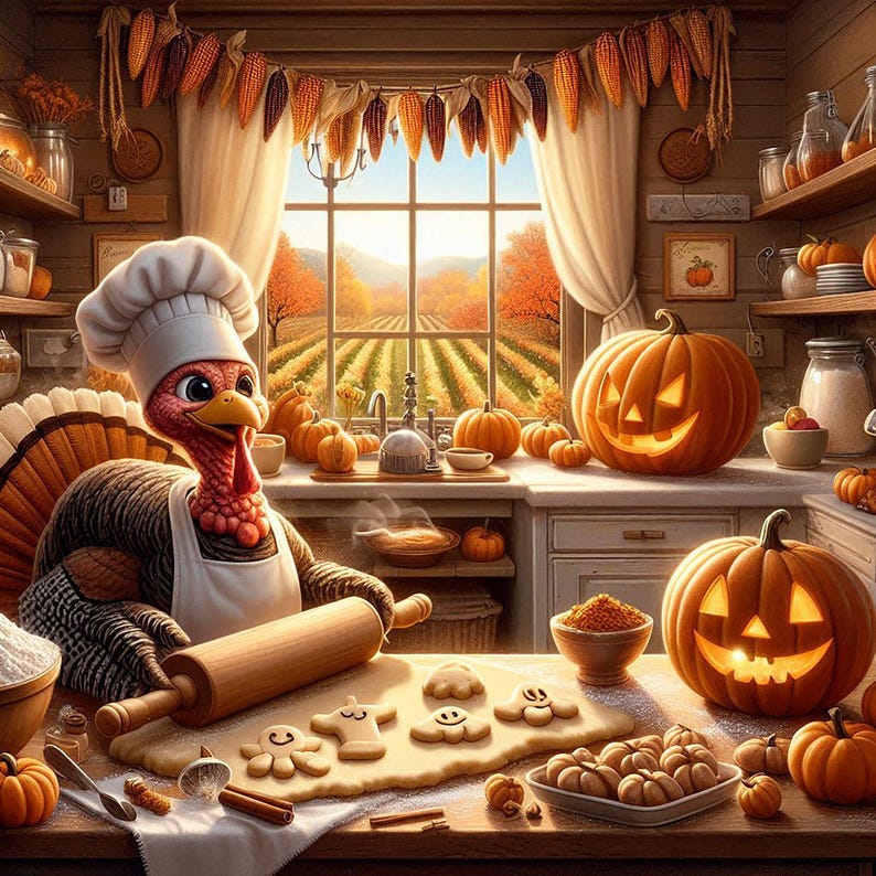 Thanksgiving Baking Turkey Illustration Cozy Kitchen Scene With Pumpkin ...