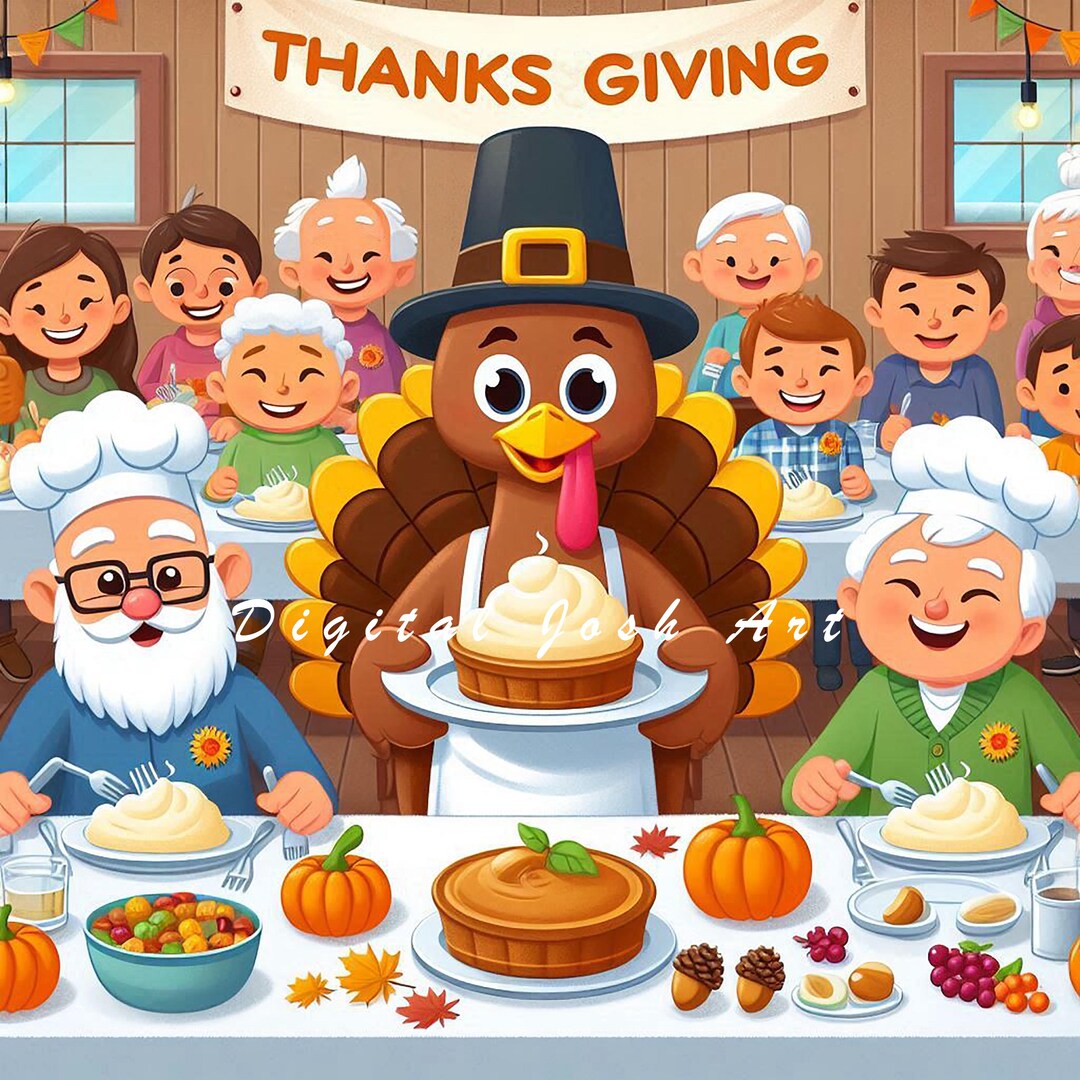 Thanksgiving Dinner Illustration Cute Turkey Chef With Pie Festive ...