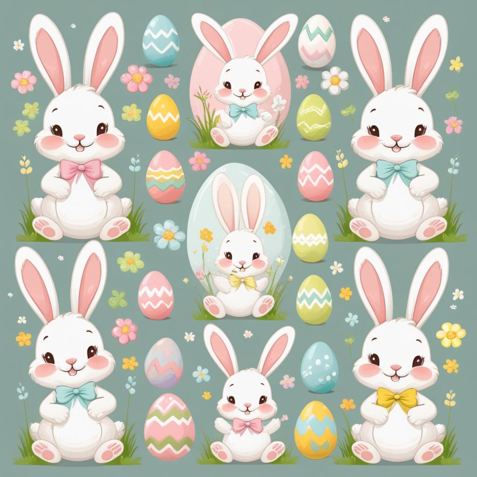 Pastel Easter Bunny Clipart Set, Spring Flowers Watercolor Clipart ...