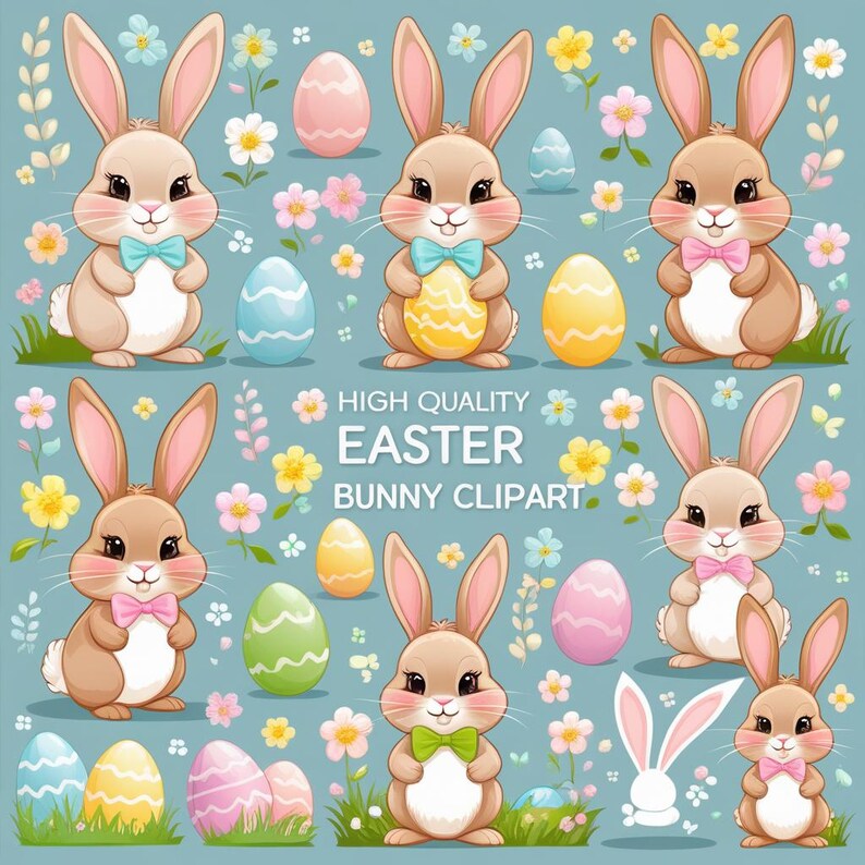 Pastel Easter Bunny Clipart Set, Spring Flowers Watercolor Clipart ...