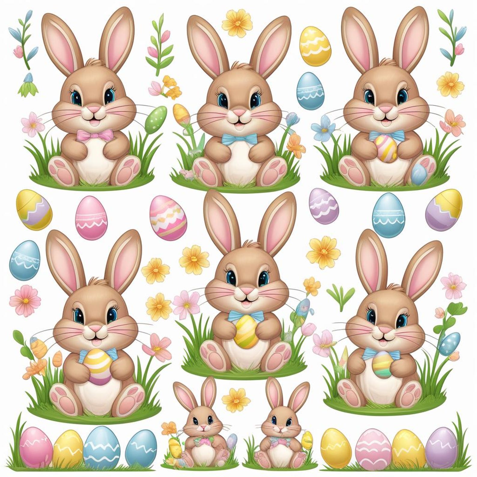 Pastel Easter Bunny Clipart Set, Spring Flowers Watercolor Clipart ...