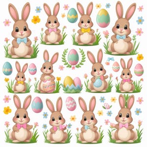 Pastel Easter Bunny Clipart Set, Spring Flowers Watercolor Clipart ...
