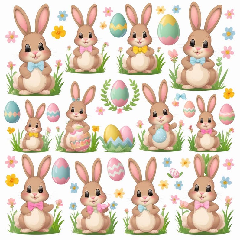 Pastel Easter Bunny Clipart Set, Spring Flowers Watercolor Clipart ...