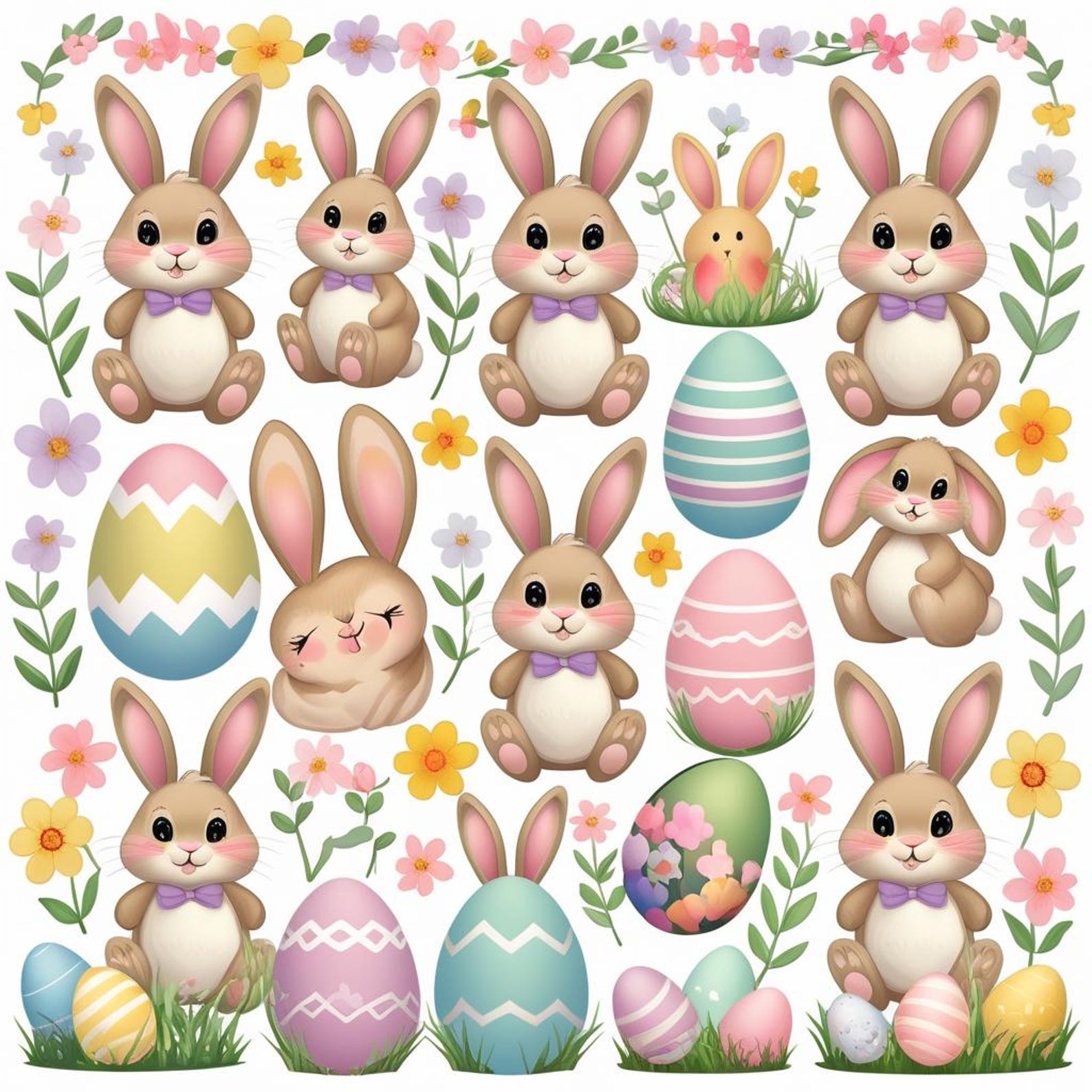 Pastel Easter Bunny Clipart Set, Spring Flowers Watercolor Clipart ...