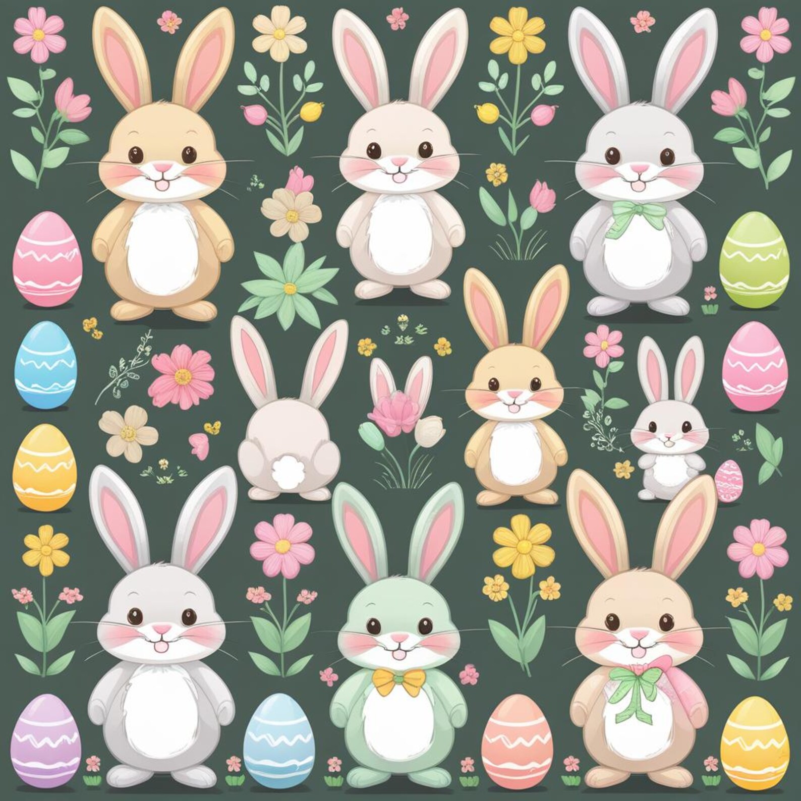 Pastel Easter Bunny Clipart Set, Spring Flowers Watercolor Clipart ...