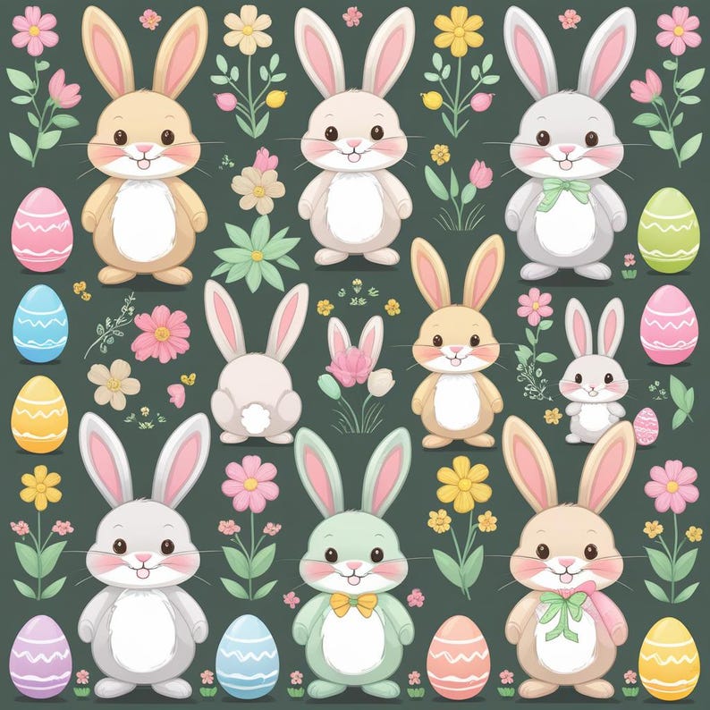 Pastel Easter Bunny Clipart Set, Spring Flowers Watercolor Clipart ...