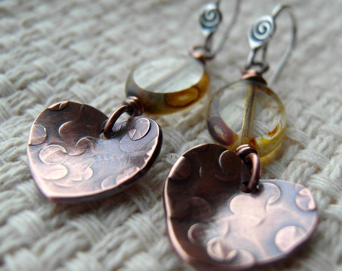 Rustic Copper Heart Earrings Earthy Czech Glass Beads - Etsy