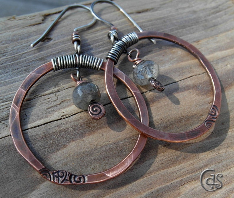 Labradorite Copper Earrings Rustic Wire Wrapped Gemstone Etsy